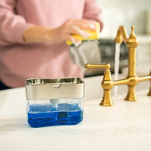 S&T INC. Dish Soap Dispenser and Sponge Holder for Kitchen Sink, Sponge Included, 13 Ounces, Metallic Silver