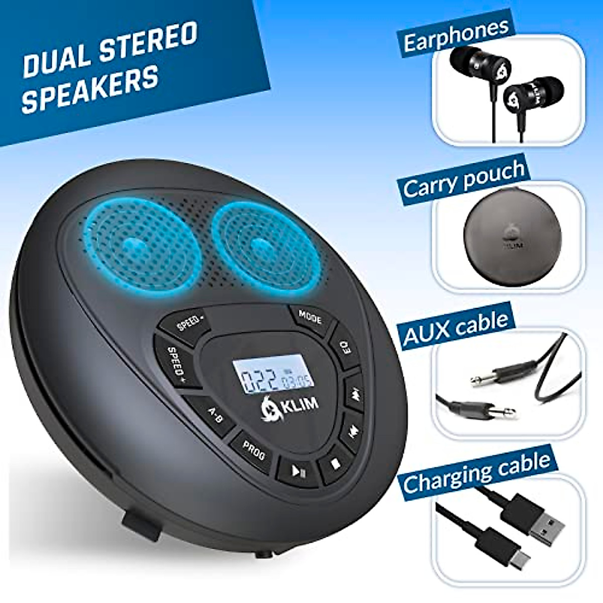 KLIM Speaker + Portable CD Player with Speakers + New 2022 + Walkman + Rechargeable Battery + Portable CD Player with Headphones + CD Player Portable + SD/TF Card + AUX + Ideal Car CD Player
