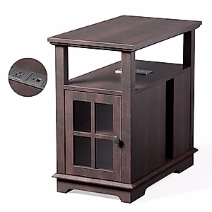 HIFYOBRO End Table with Fast Charging Station, Side Table on Wheels, Storage End Table with Electric Fireplace, Suitable for Living Room Bedroom (Espresso)