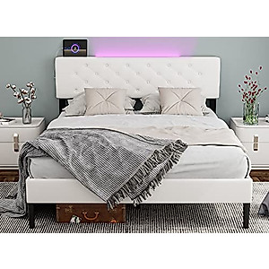 IKIFLY Modern Full Size LED Bed Frame with 2 USB Ports, Upholstered Button Tufted Faux Leather Platform Bed with Adjustable Headboard, Solid Wood Slats, No Box Spring Needed - White/Full