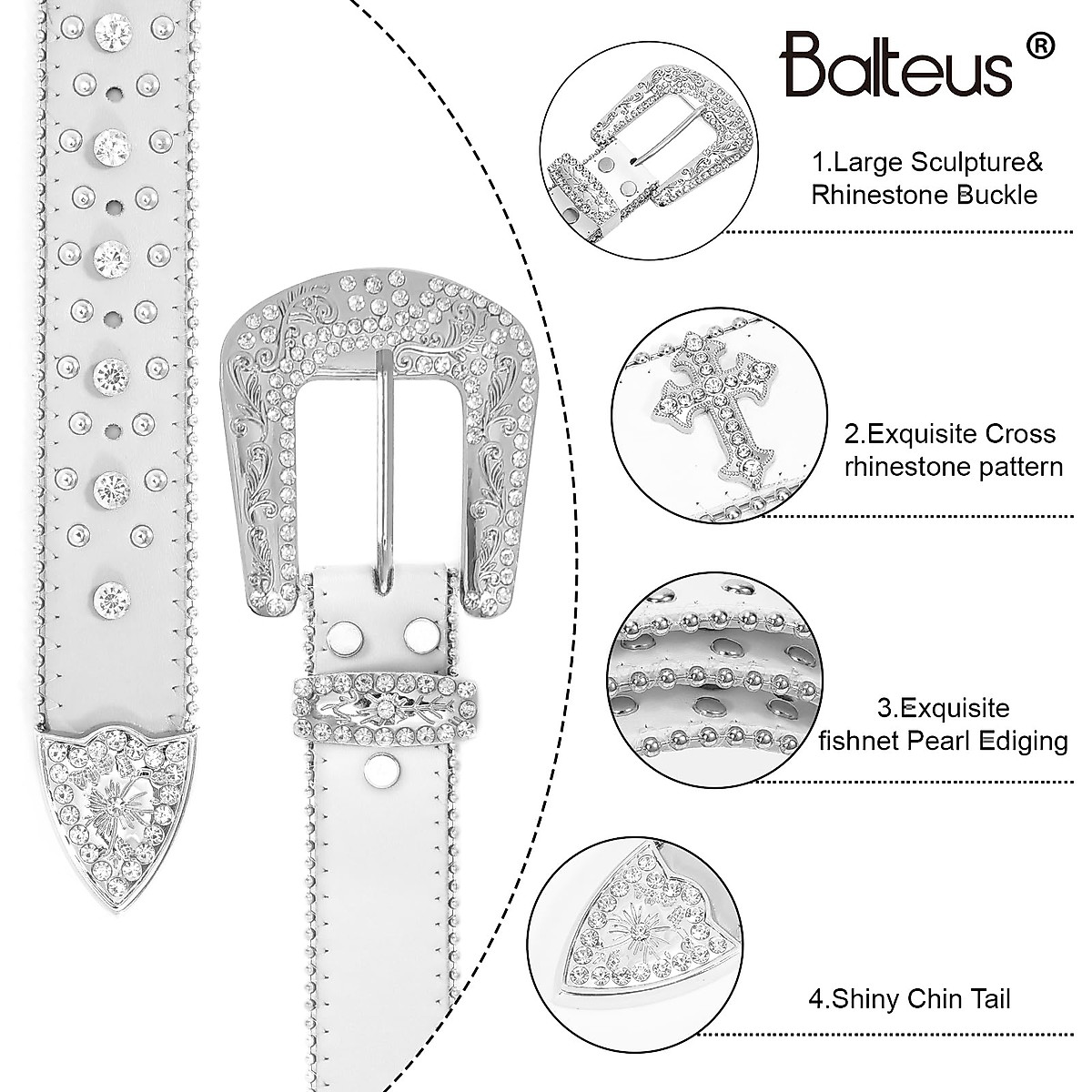 Women Men Rhinestone Belt,Fashion Western Cowgirl Cowboy Bling Studded Cross Leather Belt Diamond Belt for Jeans Dress,White,M