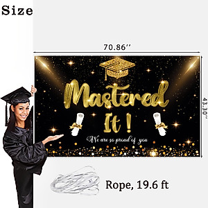 Labakita Mastered It Backdrop Banner, Masters Graduation Decorations, Masters Degree Graduation Banner, Graduation Decorations 2024, Graduation Party Indoor/Outdoor Decorations（Black and Gold）