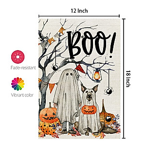 CROWNED BEAUTY Halloween Boo Garden Flag Ghost Dog 12x18 Inch Double Sided for Outside Small Burlap Welcome Holiday Ghost Yard Flag