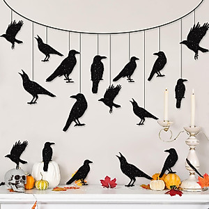 40pcs Glitter Black Crow Halloween Decorations Bird Raven Hanging Banners for Gothic Halloween Garland Backdrop Centerpiece Halloween Wall Cutouts for Horror Theme Birthday Wedding Yard Party Supplies