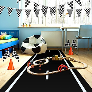 Racetrack Floor Running Black Racer Party Decoration Mat Road Table Runner Long Racetrack Tablecloth Drag for Party (Simple Style,16 ft x 2 ft)
