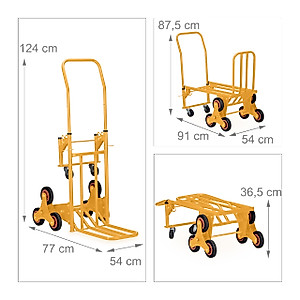 Relaxdays Stair Climbing Hand Truck, Folding Cart, up to 50/150 kg, Solid Rubber Tyres, Height Adjustable, Yellow, 124 x 54 x 77 cm
