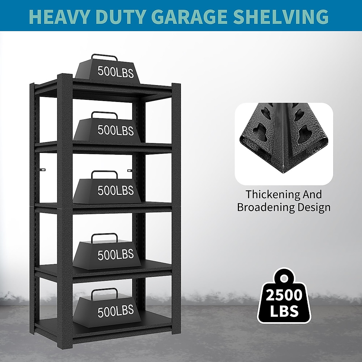 FLIXELIO 72" H Garage Shelving Heavy Duty Storage Shelves, 5 Tier Adjustable Steel Storage Racks for Garage, 2500LBS Load Metal Industrial Shelving Units, Utility Shelf Rack (72"*35.4"*15.7")