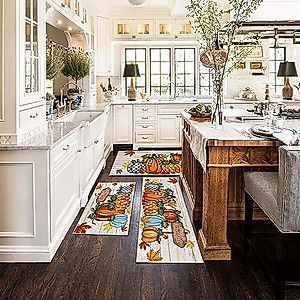 U'Artlines Fall Pumpkin Kitchen Rugs with Runner Sets 3 Piece Farmhouse Seasonal Harvest Holiday Party Rugs and Mats Non Skid Washable Kitchen Floor Mats for Home Hallway Sink Laundry Decor(Pumpkin)