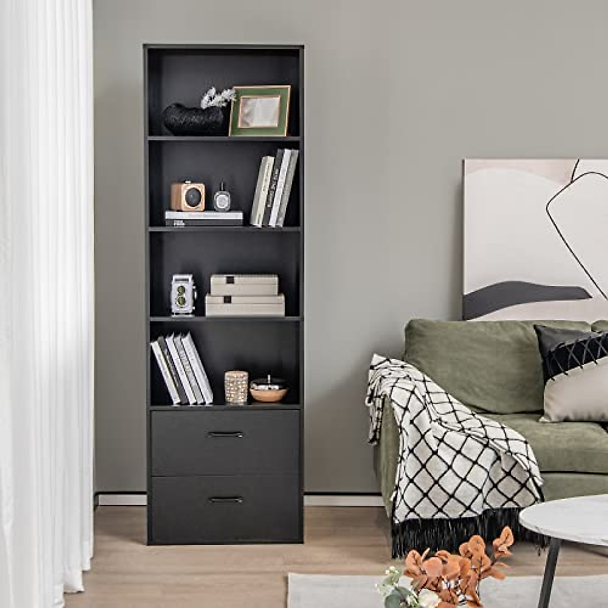 JIMUOO 74’’ Tall Bookshelf with Drawers, 4 Shelf Bookcase with Storage Cabinet, 4 Tier Wooden Book Display Shelf Storage Organizer for Bedroom Office Home Living Room