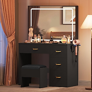 DWVO Makeup Vanity Table, Vanity Desk Set with Large Mirror and LED Lights, Brightness Adjustable, Vanity with 4 Drawers, Bedroom Vanity Table with Cushioned Stool for Women Girls, Charcoal Black