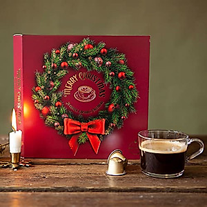 Christmas Advent Calendar with 24 Nespresso Compatible Pods from Real Coffee. Recyclable Original Line Aluminium Capsules. One Capsule for Each Day. Explore 11 Delicious Varieties. Red Edition