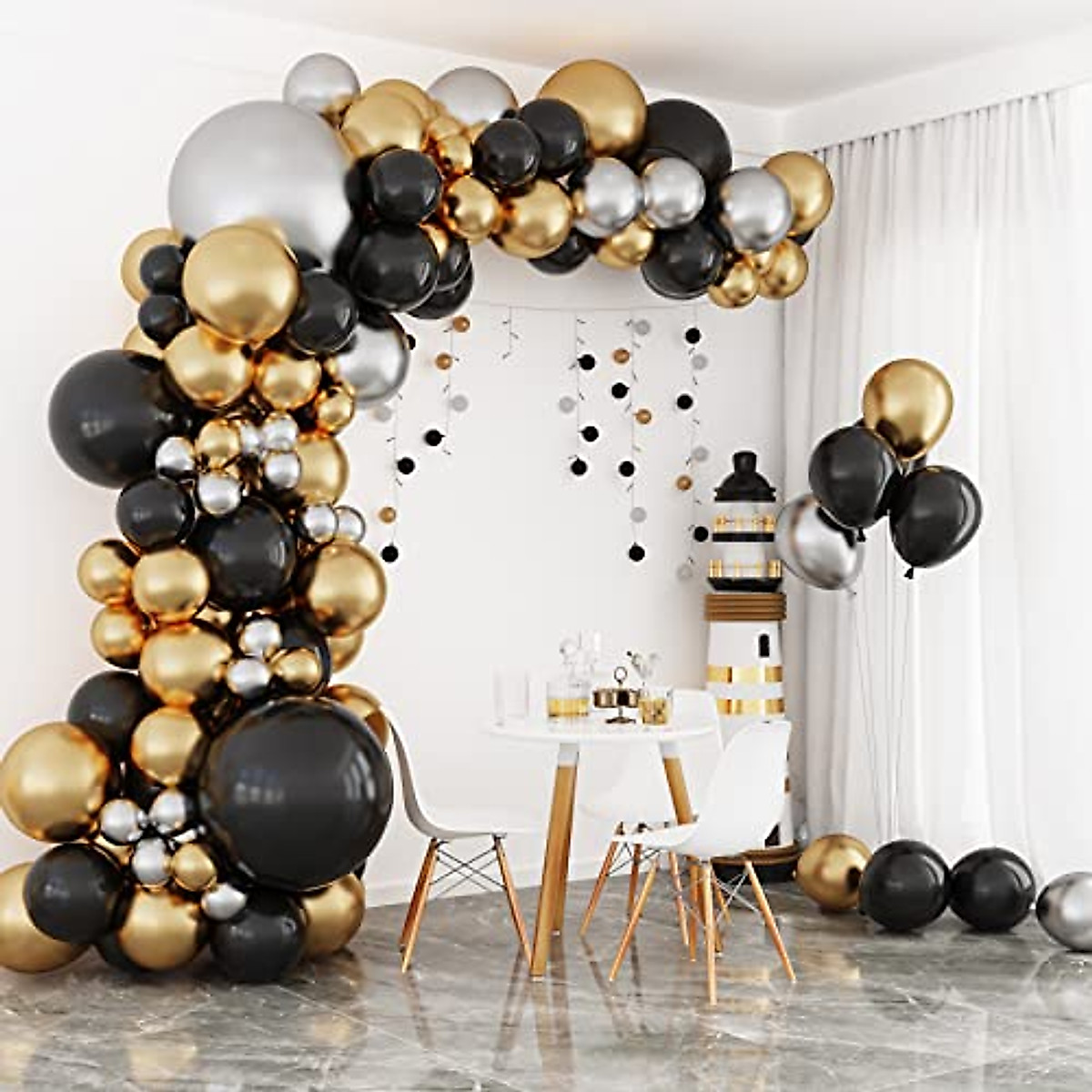 RUBFAC 137pcs Black Gold and Silver Balloon Garland Arch Kit, Metallic Gold Chrome Silver Balloons for Graduation, Birthday and New Year Party Party Decorations