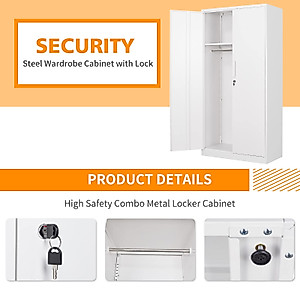 MIIIKO Steel Wardrobe Cabinet with 2 Doors, White Metal Locker Cabinet for Storage with Hanging Rod and 4 Shelves, Lockable Metal Closet Cabinet for Bedroom, Cloakroom and Home Office