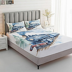 MPNVYU Train Kids Boys Sheets Twin XL Sheet Set, Steam Engine Bed Sheets, Locomotive Bedding Bedroom Decor, Soft Microfiber Deep Pocket Fitted Sheet & Flat Sheet & 1 Pillowcase