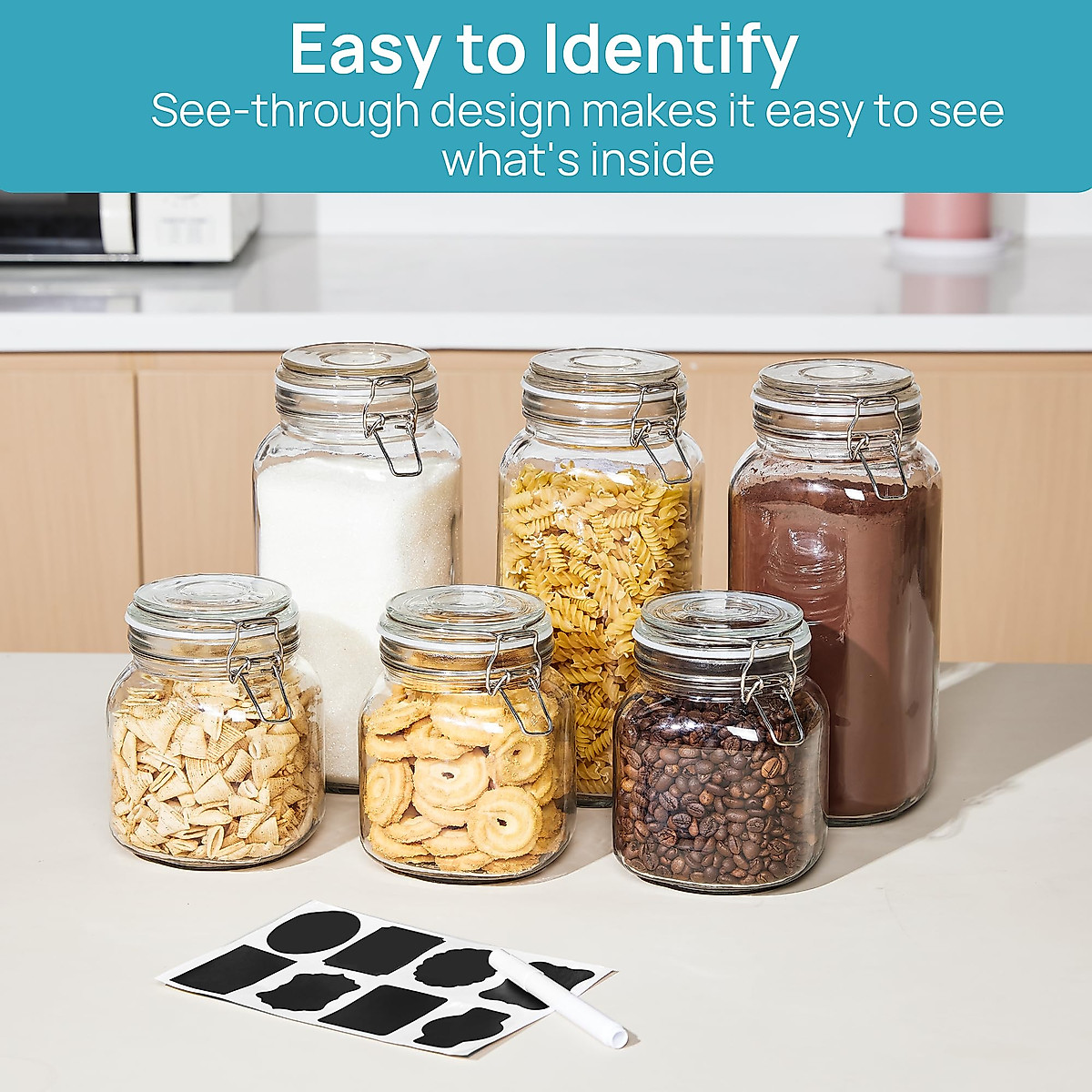 Vtopmart 78oz Glass Food Storage Jars with Airtight Clamp Lids, 3 Pack Large Kitchen Canisters for Flour, Cereal, Coffee, Pasta and Canning, Square Mason Jars with 8 Chalkboard Labels