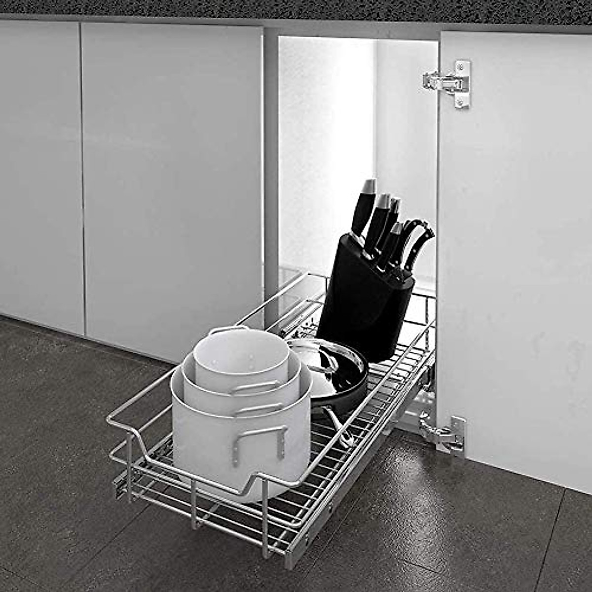 STORKING 2 Tier Wire Basket Pull Out Shelf Drawer Storage Organizer for Kitchen Base Cabinets Chrome-Plating (11x 22 x 5.3Inch, 1 Tier)