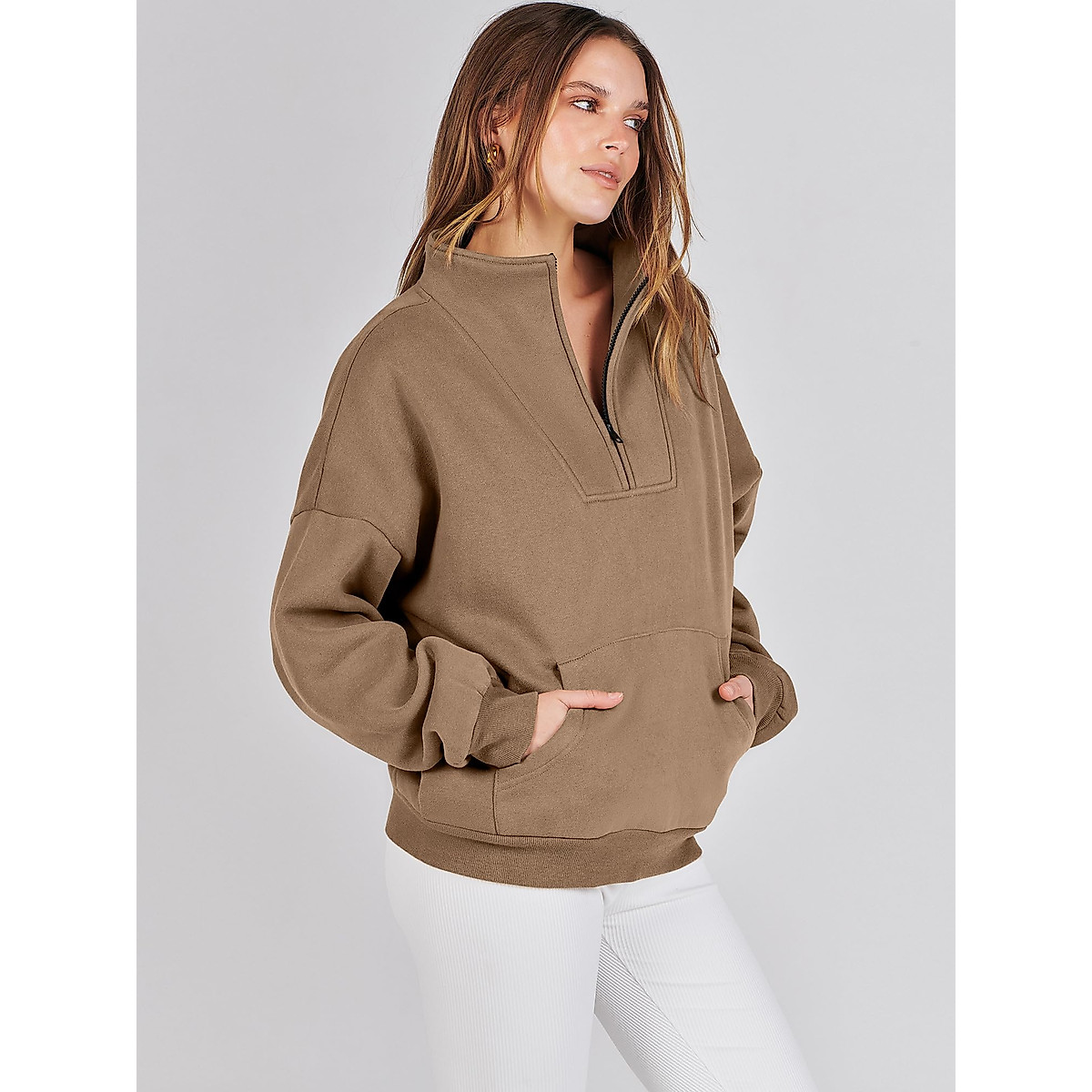 ANRABESS Womens Half Zip Sweatshirts Oversized Crop Pullover 2024 Winter Y2K Fleece Hoodie Sweater Teen Girls Fall Clothes Brown Large