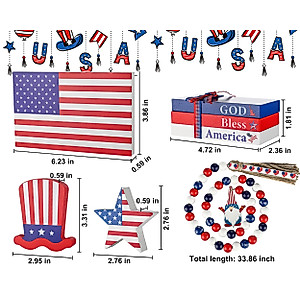 5Pcs 4th of July Tiered Tray Decor Patriotic Wood Signs American Flag Stars and Stripe Wood Blocks Red White Blue Wooden Bead Garland for 4th of July Memorial Day Home Table Decor