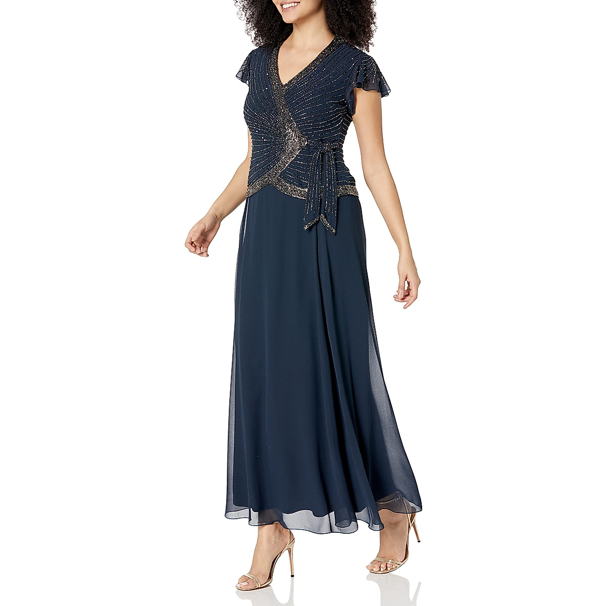 J Kara Women's Short Flutter Sleeve V-Neck Long Beaded Gown, Navy/Shaded/Mercury, 8