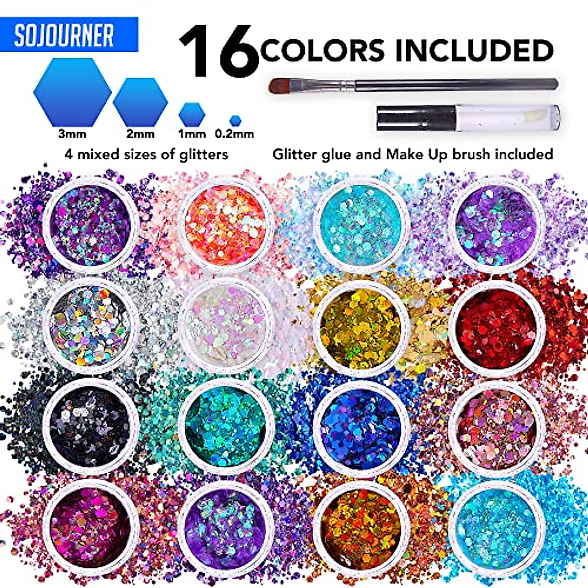 Chunky Holographic Body Glitter I 16 Colors + Glitter Glue for Face Glitter Makeup, Hair, Eye & Fine Glitter Eyeshadow - Perfect for Halloween, Slime, Resin, Tumblers, Craft, Cosmetic & Nail Art
