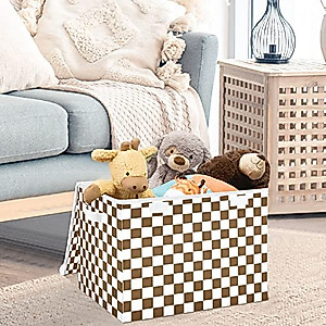 CaTaKu Chess Board Brown Storage Bins with Lids and Handles, Fabric Large Storage Container Cube Basket with Lid Decorative Storage Boxes for Organizing Clothes