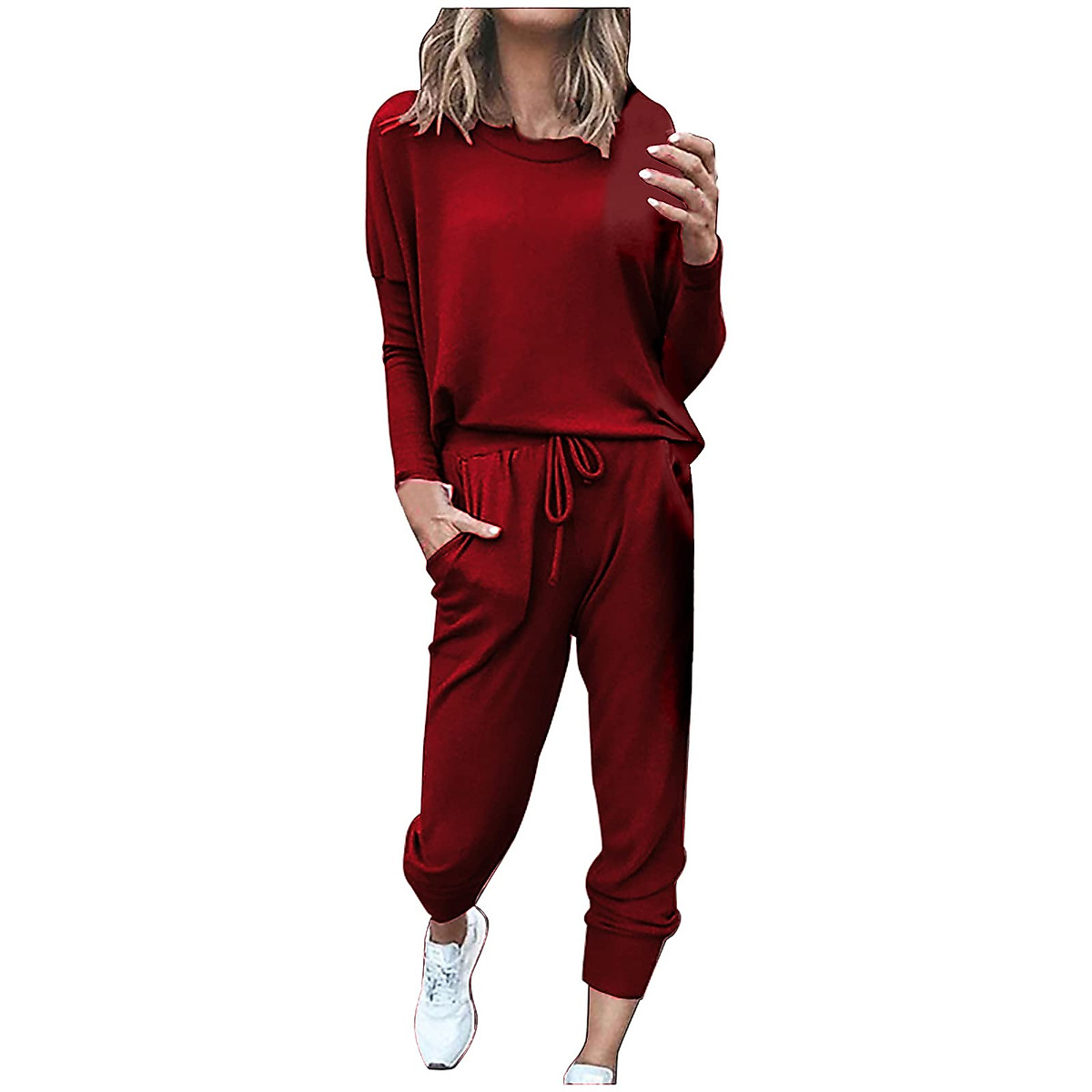 Sales Today Clearance Fall Two Piece Outfits for Women 2025 Plus Size Loose Fit Sweatsuits Tracksuits Jogger Crewneck 2 Piece Lounge Sets A-Wine