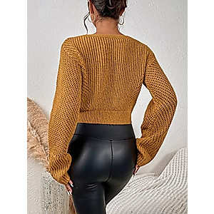 SweatyRocks Women's Long Sleeve V Neck Chain Top Pointelle Knit Pullover Sweater Crop Tops Ginger L