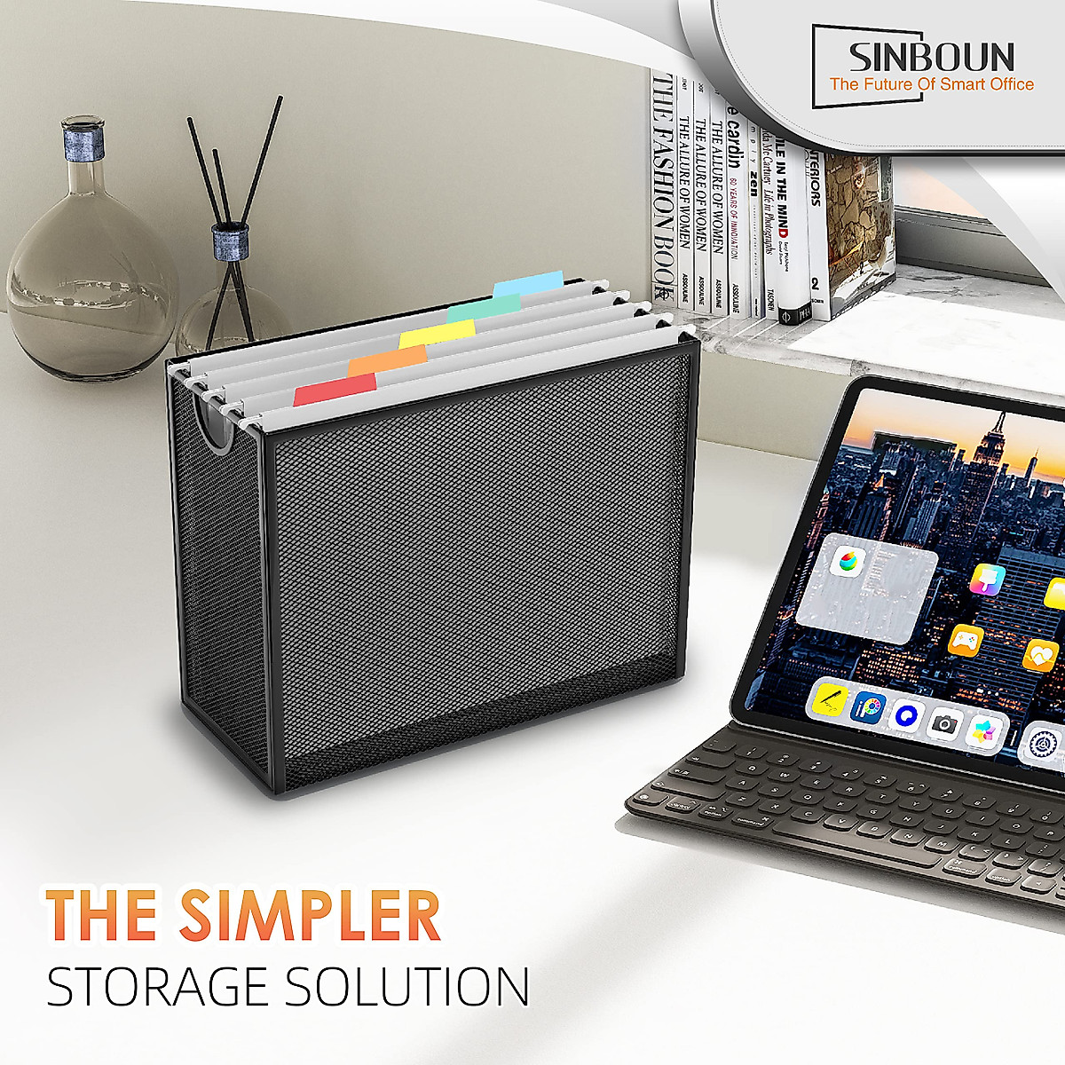 Sinboun Hanging File Organizer Letter-Size File Holder Filing Box Includes 5 Hanging Folders - Metal Mesh Magazine Book Letter Storage Cabinets File Cart for Office Home School, No Assembly Required