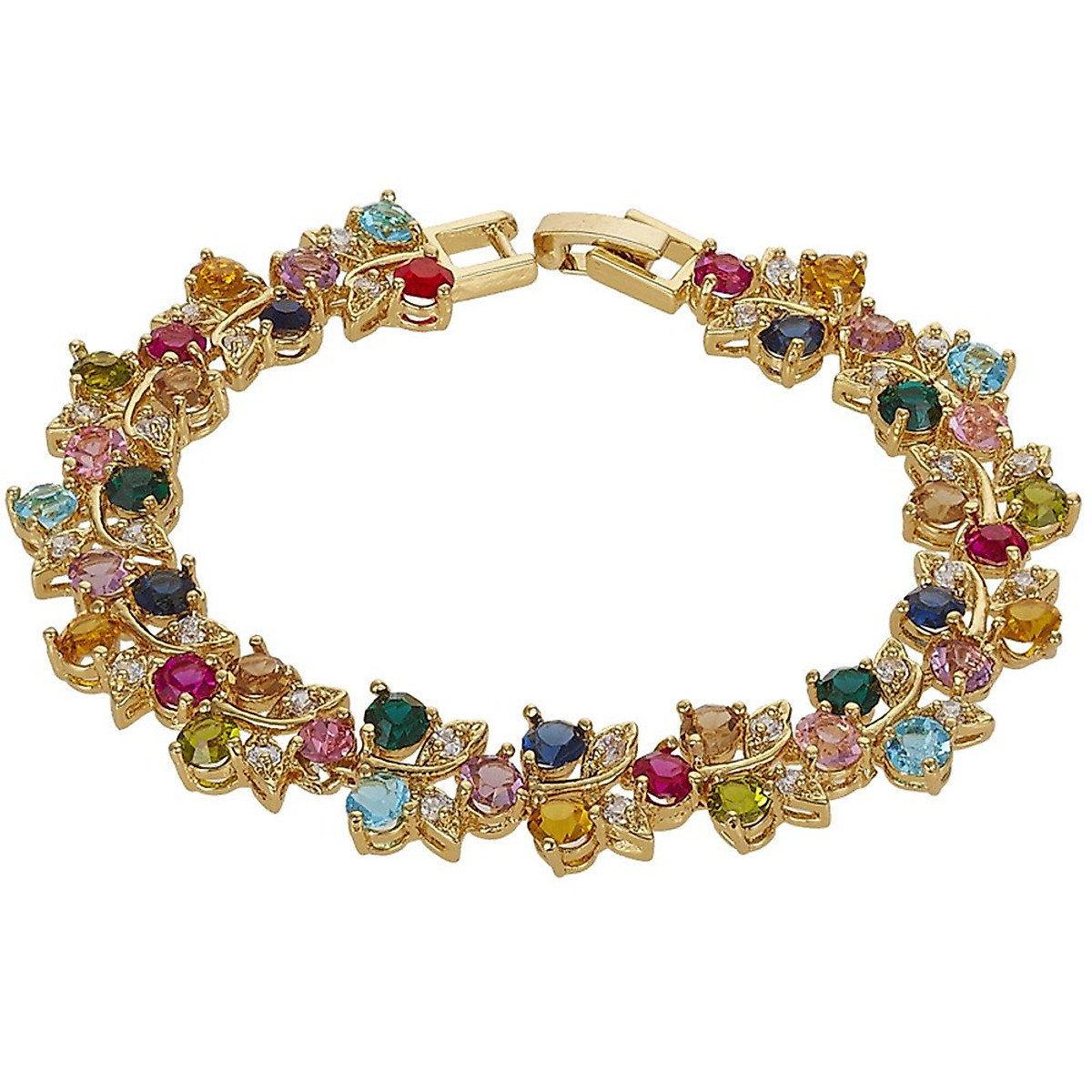 RIZILIA Tennis Bracelet & Round Cut CZ [Multi-color] in Yellow Gold Plated, 7"