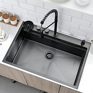 WMXQX 33 Inch Black Waterfall Kitchen Sink with Faucet Combo, 33x22 Waterfall Drop In Kitchen Sink Workstation 16 Gauge Stainless Steel Smart Double Waterfall Sink Single Bowl Kitchen Sink with Faucet