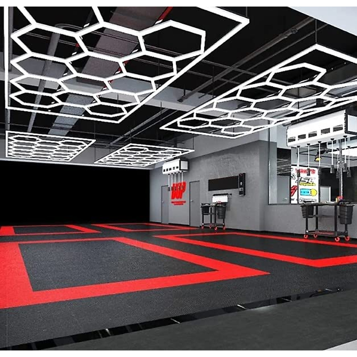 Car Detailing Hexagon Led Garage Light, 15 Hexagonal Honeycomb Grid Systems Led Shop Lights for Garage/Workshop W/White Border, IP54 AC 110V(15.88 fts x 7.98 fts)