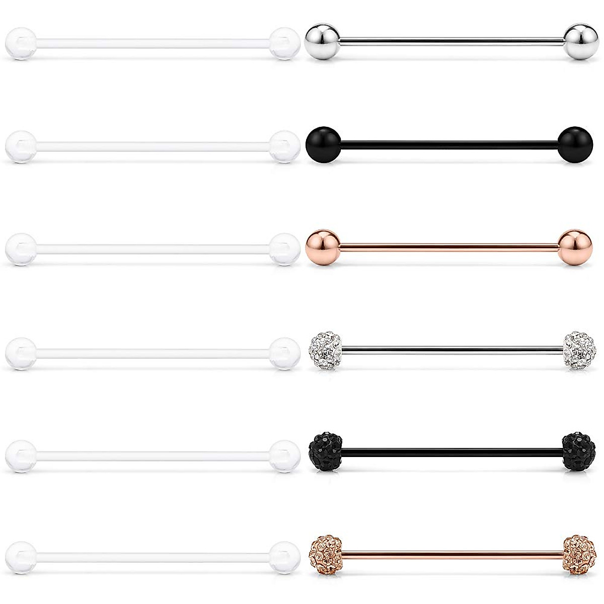 Hoeudjo Industrial Barbell 14G 12Pcs Bioflex Clear Acrylic Earring Retainer Surgical Steel Helix Conch Cartilage Ring Body Piercing Jewelry 1 1/2 Inch(38mm) for Women Men Silver Black Rose Gold