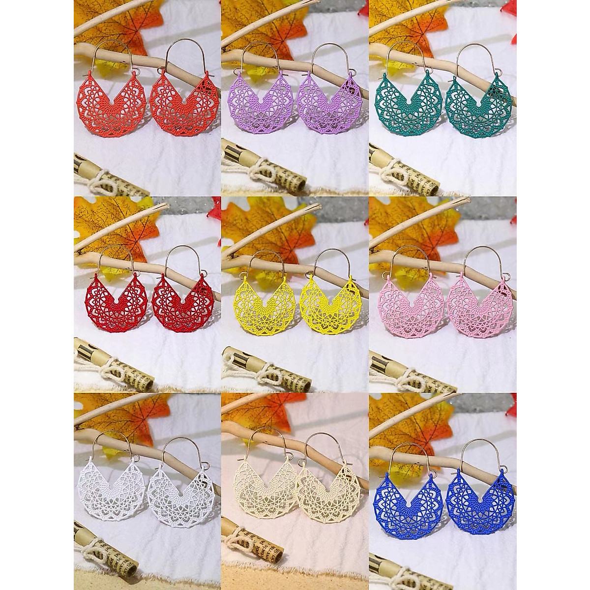 12 pairs of colorful cutout boho cutout pattern bohemia earrings for women hanging dangling fashion set boho DIY lightweight women's earrings candy color earrings