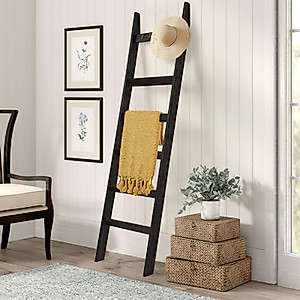 TEAKMAMA 6-Tier Blanket Ladder with Hooks, 5.4 Ft Wall Leaning Blanket Ladders for Living Room, Rustic Decorative Ladder for Blankets, Quilts, Farmhouse Decor Ladder Shelf, Easy to Assemble, Black