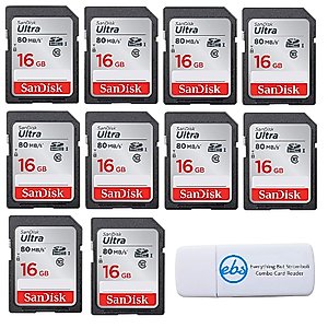 SanDisk Ultra 16GB (10 Pack) Class 10 SDHC Genuine Flash Memory Card (SDSDUNC-016G-GN6IN) Bundle with Everything But Stromboli Card Reader
