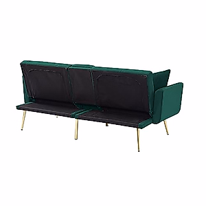 Eafurn Convertible Futon Sofa Bed with 2 Cup Holders, Modern Velvet Split-Back Folding Loveseat Sleeper Couches w/Adjustable Tufted Backrest,Square Armrest Sofabed, Dark Green 72.4" with 2 Pillows