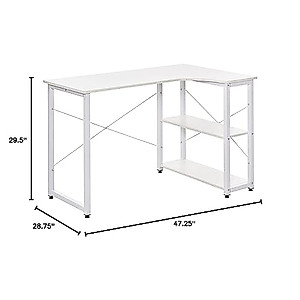 HOMCOM Industrial L-Shaped Computer Desk with 2 Side Shelves and Steel Frame, Corner Desk, Study Workstation for Home Office, White