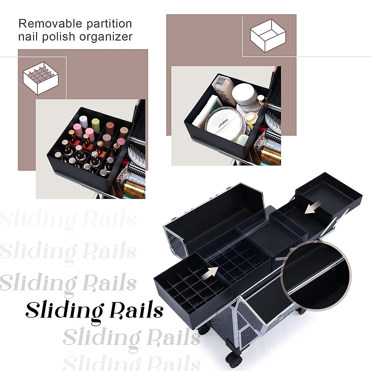 Adazzo Professional Rolling Makeup Case for Makeup Artists Multi-functional Cosmetic Train Case Large Storage Case for Nail Technicians Cosmetology Case with Compartments for Hairstylist