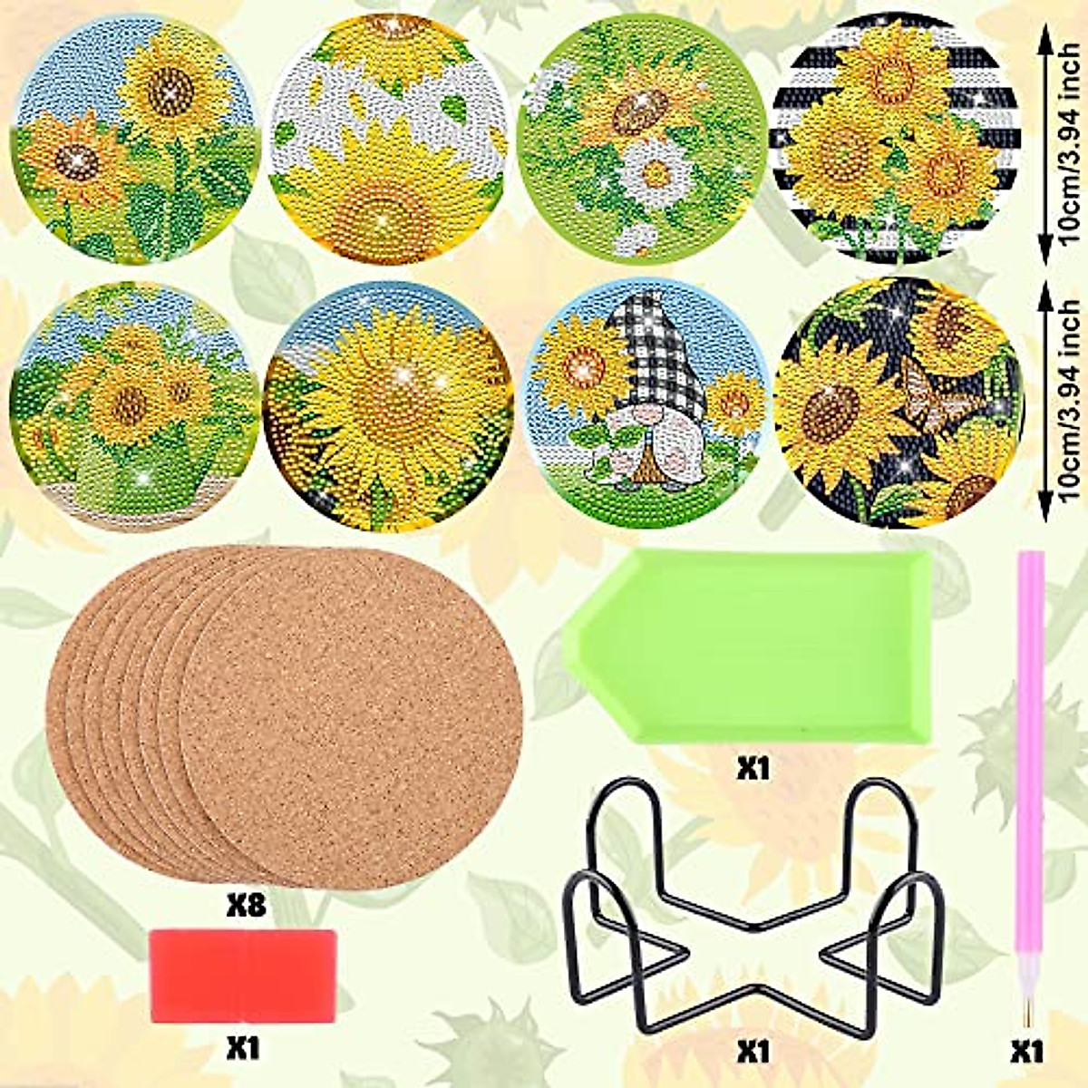 Sunflower Diamond Painting Coasters DIY Diamond Art Coaster 5D Full Drill Diamond Coaster Acrylic Round Cup Coaster with Holder Cork Pad for Summer Fall Thanksgiving Party Home Decor DIY Crafts, 8 PCS