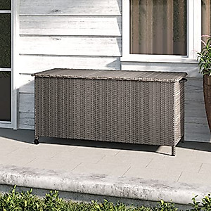 Grand patio Outdoor 108 Gallon Large Wicker Storage Box with Lid for Patio Furniture Cushions Toys Garden Tools Pool Accessories, Greige Small