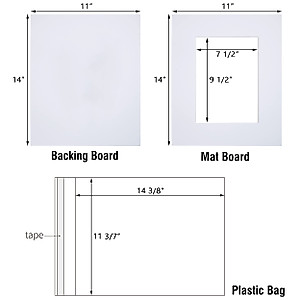 Acid Free 5 Pack 11x14 Pre-Cut Mat Board Show Kit for 8x10 Photos, Prints or Artworks, 5 Core Bevel Cut Matts and 5 Backing Boards and 5 Crystal Plastic Bags, White