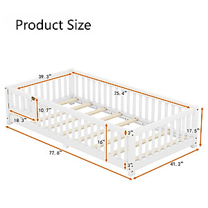 ChicFurnit Bed Frame, Twin Size Bed with Safety Guardrails & Door, Kids Floor Bed with Removed Slats, Floor Bed Frame with Low Profile Design for Bedroom, Living Room, No Box Spring Needed, White