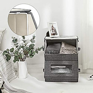SONGMICS Stackable Storage Bins Set of 2, Fabric Storage Boxes with Lids, Storage Cubes with Magnetic Closures, Front Windows, Lids Can Stay Open after Stacking, Dark Gray URPLB02G