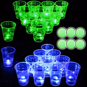 Glow in The Dark Beer Pong Set,Light up Beer Pong Cups for Indoor Outdoor Nighttime Competitive Fun,22 Glowing Cups(11 Green &11 Blue), 6 Glowing Balls, Waterproof- Party Game