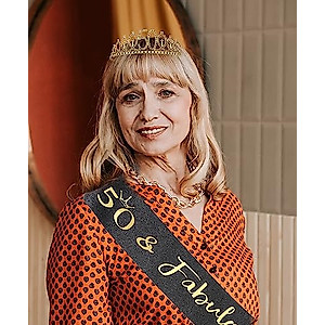 50th Birthday Decorations for Women，Gold 50 Birthday Crown Tiara ，Cake Topper, Birthday Sash with Peal Pin and Birthday Candles Kit,50th Birthday Gifts for Women