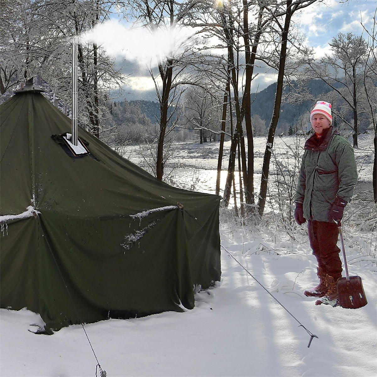 UNDUSLUY Outdoor Portable Stainless Steel Wood Burning Stove, 22“ Oversize Heating Burner Stove for Tent, Camping, Ice-Fishing, Cookout, Hiking, Travel, Includes Pipe Tent Stove