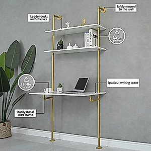 MAIKAILUN White and Gold Desk, 36" Ladder Desk, Wall Mount Computer Writing Table Pipe Shelf Shelving Mini Narrow Industrial Modern for Small Spaces(36x20x81)