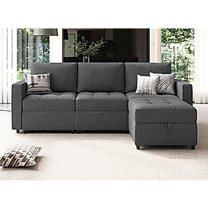 Belffin Modular Sectional Sofa Couch Set with Ottoman Morden Fabric Convertible Pull Out Couch with Reversible Chaise and Storage Drawers 3-Seat Sofa Sectionals L Shape Couch for Apartment Black Grey