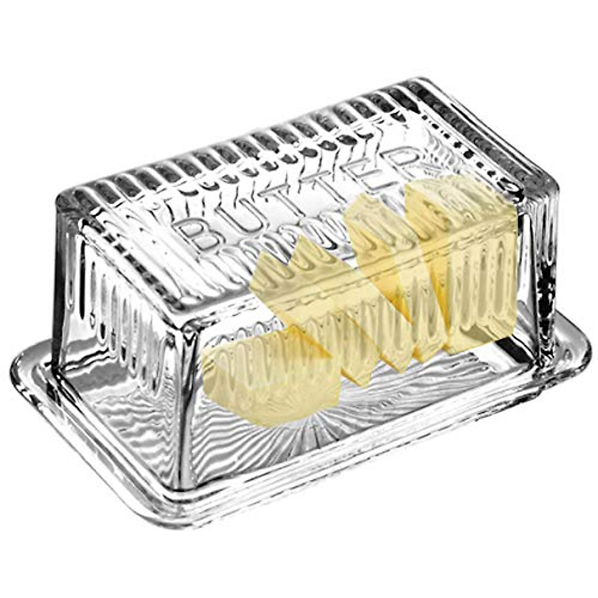 Bezrat Glass Butter Dish with Lid - Butter keeper - 100% Food Safe - Dishwasher Safe - Antique Look with the word "BUTTER" engraved on top - Fits East and West Coast butter sticks