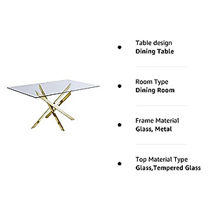 Meridian Furniture Xander Collection Modern | Contemporary Tempered Glass Top Dining Table with Durable Metal Base, 60" W x 36" D x 30" H, Gold Finish
